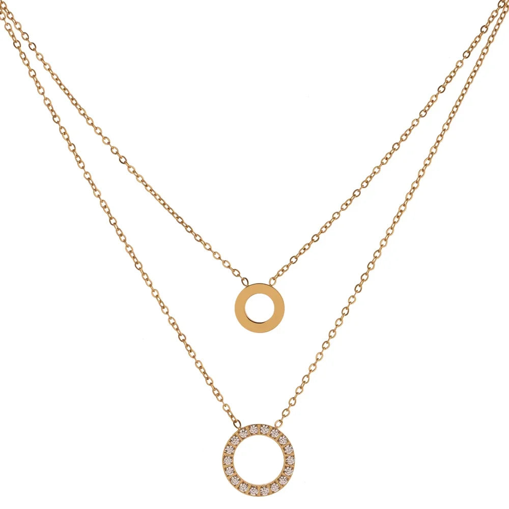 Double Halo Layered Necklace – 18K Gold-Plated Pavé Circle Duo – Isalene